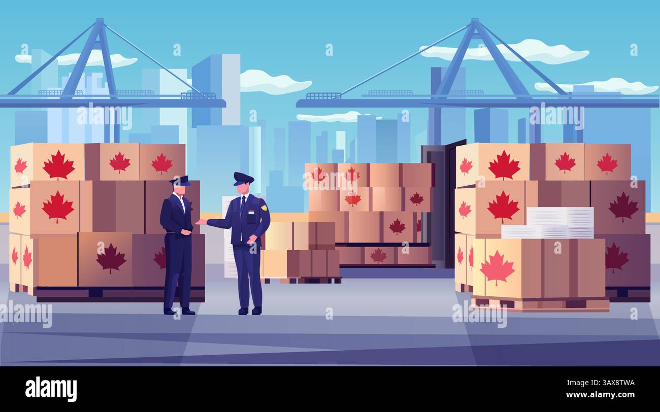 Canadian customs officers trade war tariffs war cargo inspection shipping containers maple leaf ...