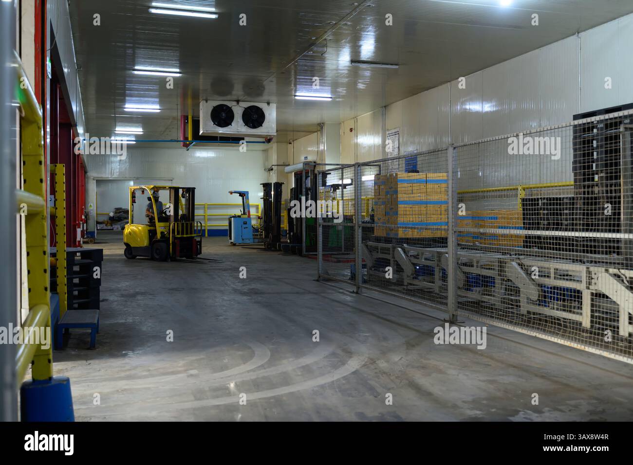 Industrial storage area featuring forklifts, conveyor systems, and ...