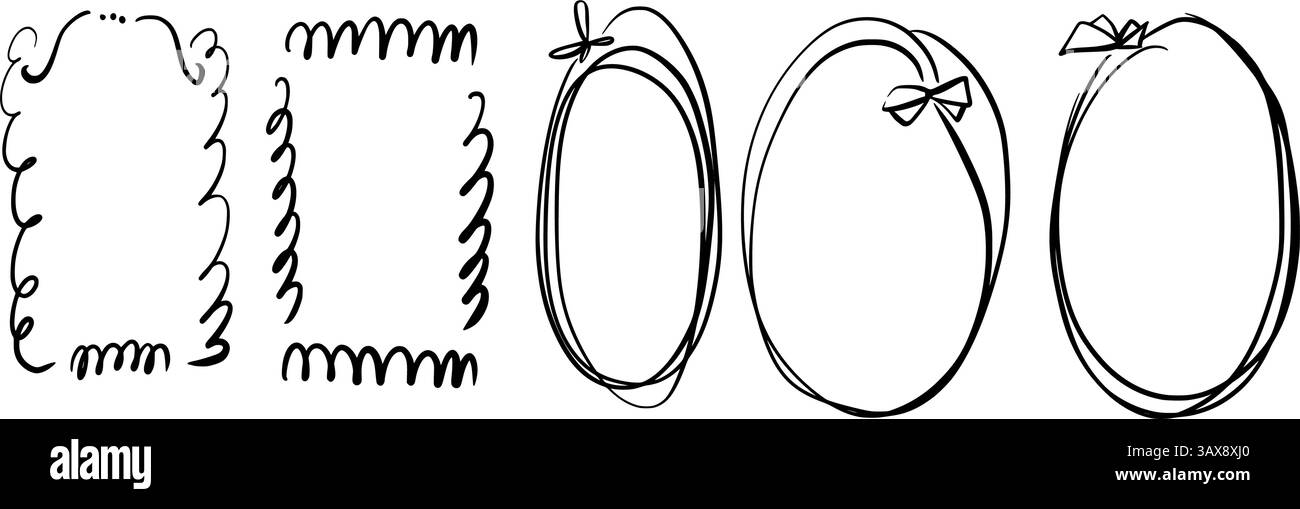 Doodle frames with bows. Vintage line wavy border with ribbons set ...