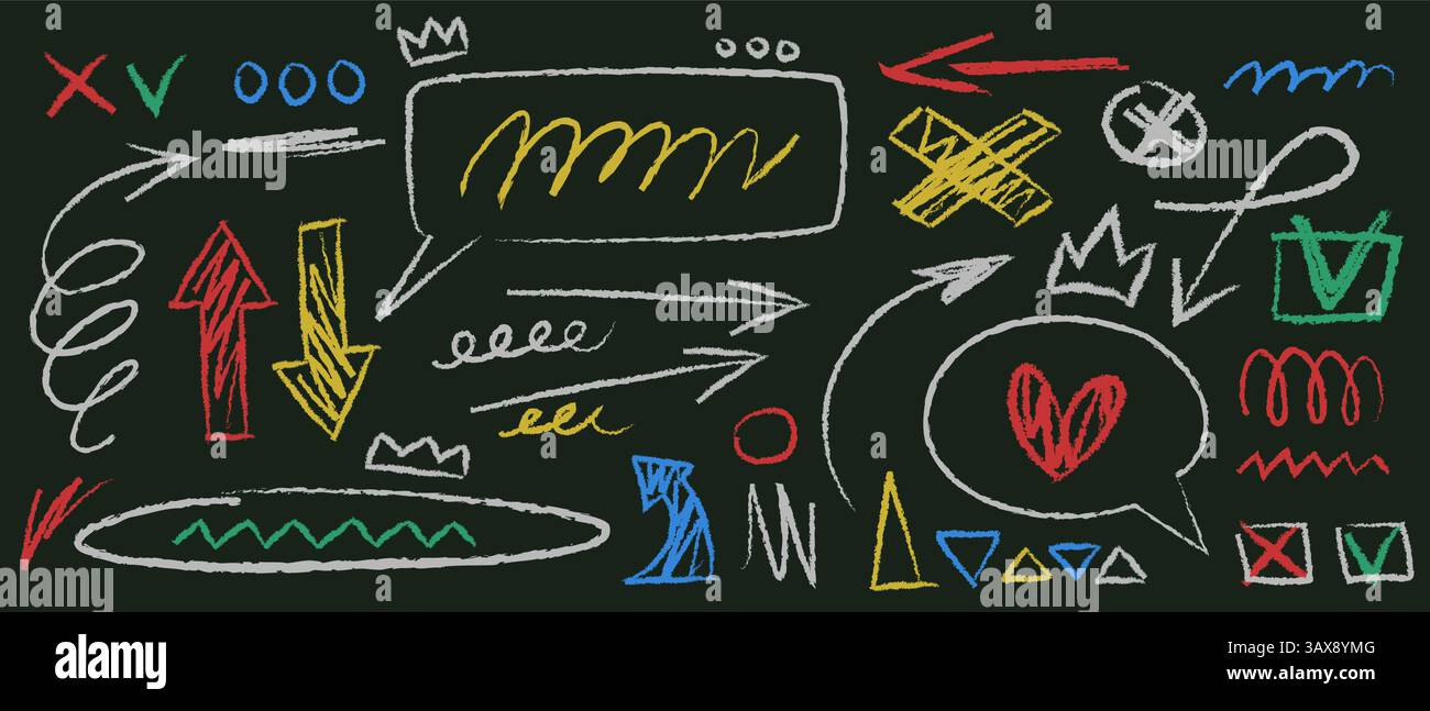 Chalk doodles drawn on blackboard background. Vector realistic ...