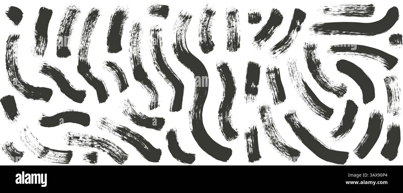 Charcoal wavy brush stroke lines. Hand drawn black ink vector long ...