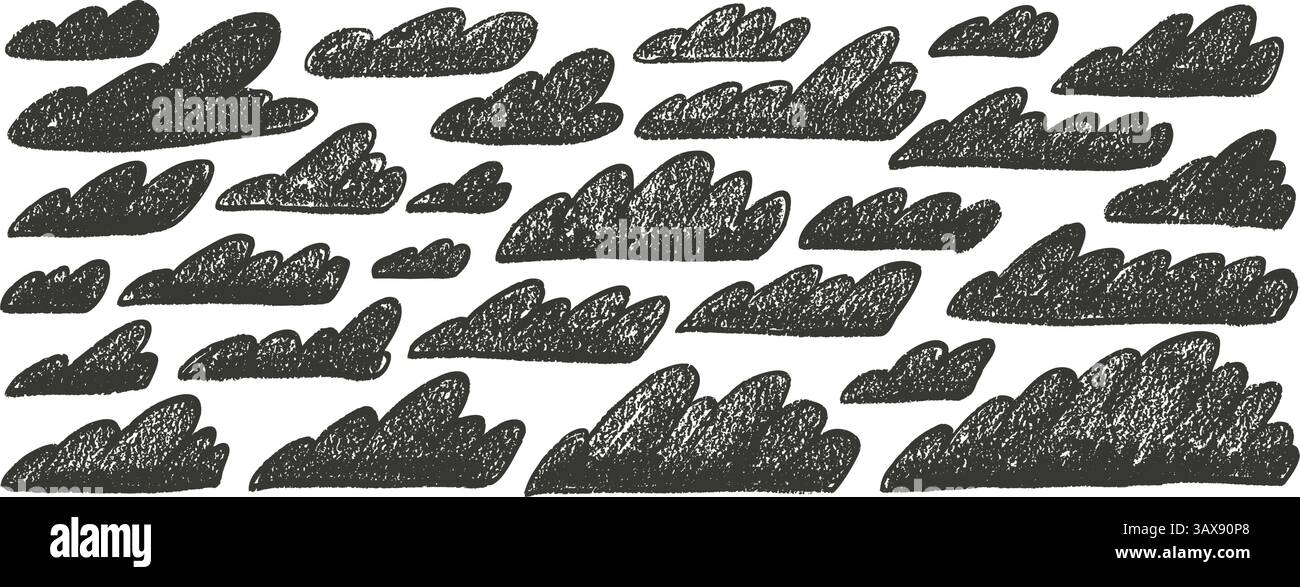 Charcoal silhouette clouds set. Naive hand drawn sky pack. Kids chalk textured elements. Pastel ...