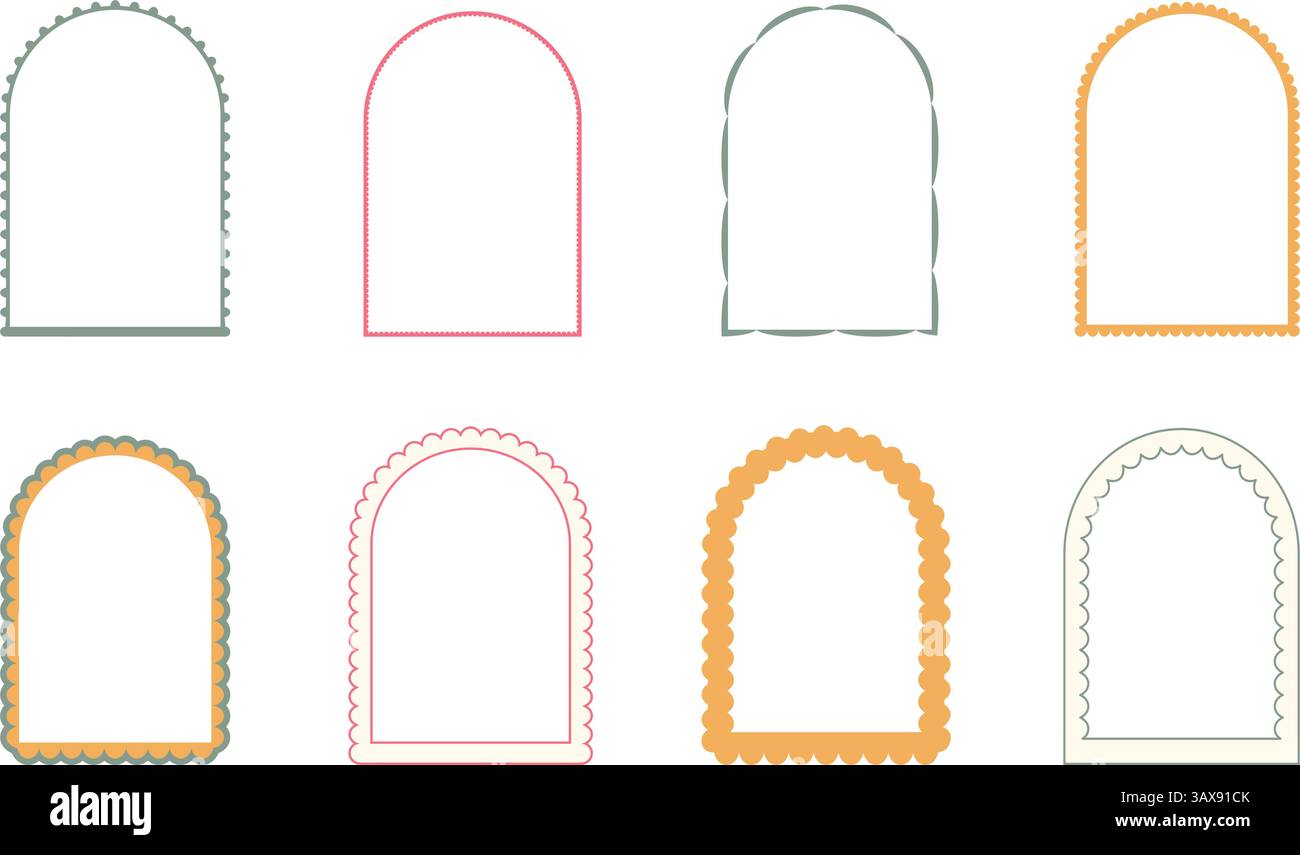 Arch scallop frames set. Wavy edges geometric doodle template isolated on Wave groovy arc ...
