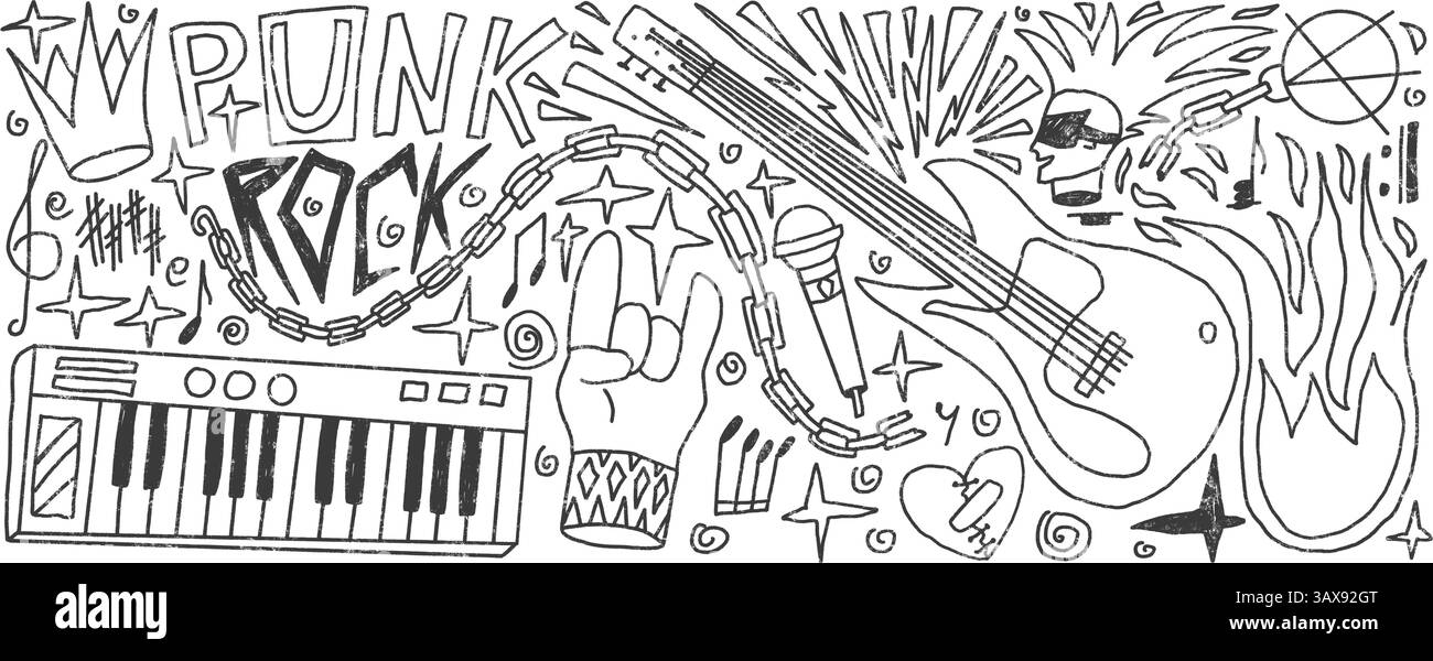 Rock and roll music pencil drawn set. Punk festival doodle background ...