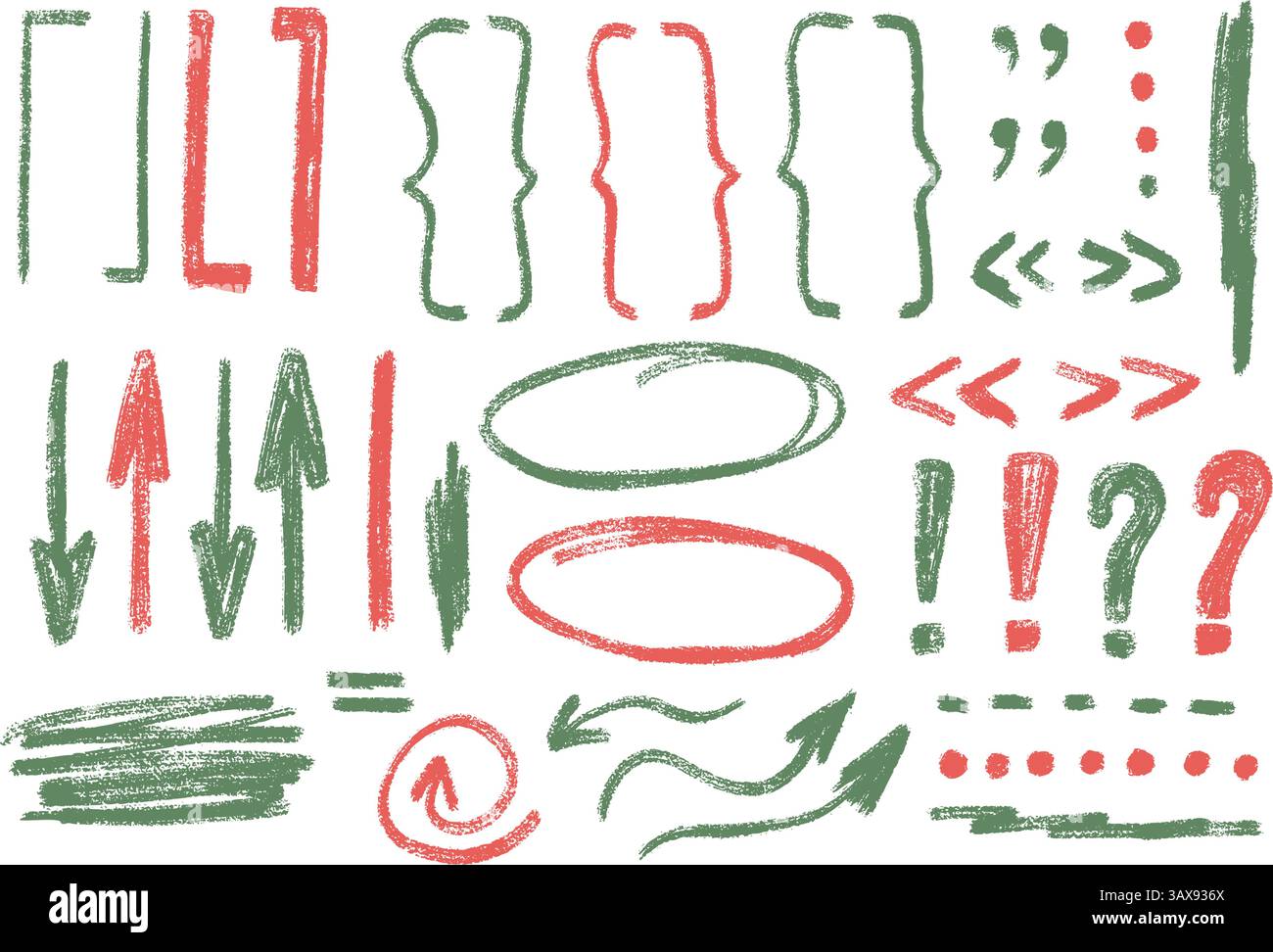 Brackets marks, arrow doodle set. Crayon underlines, quotation marks ...