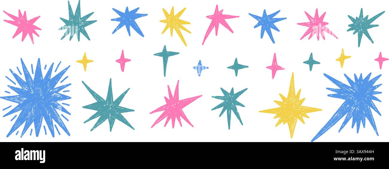 Crayon pastel explosion sparkle set. Space shine shapes and blings doodle pack. Comets and ...