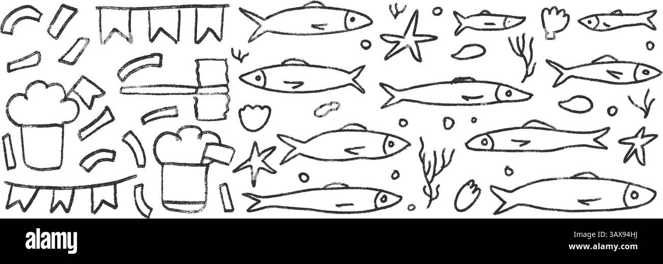 Sardines line doodle set. Santos populares festival set. Manjerico ...