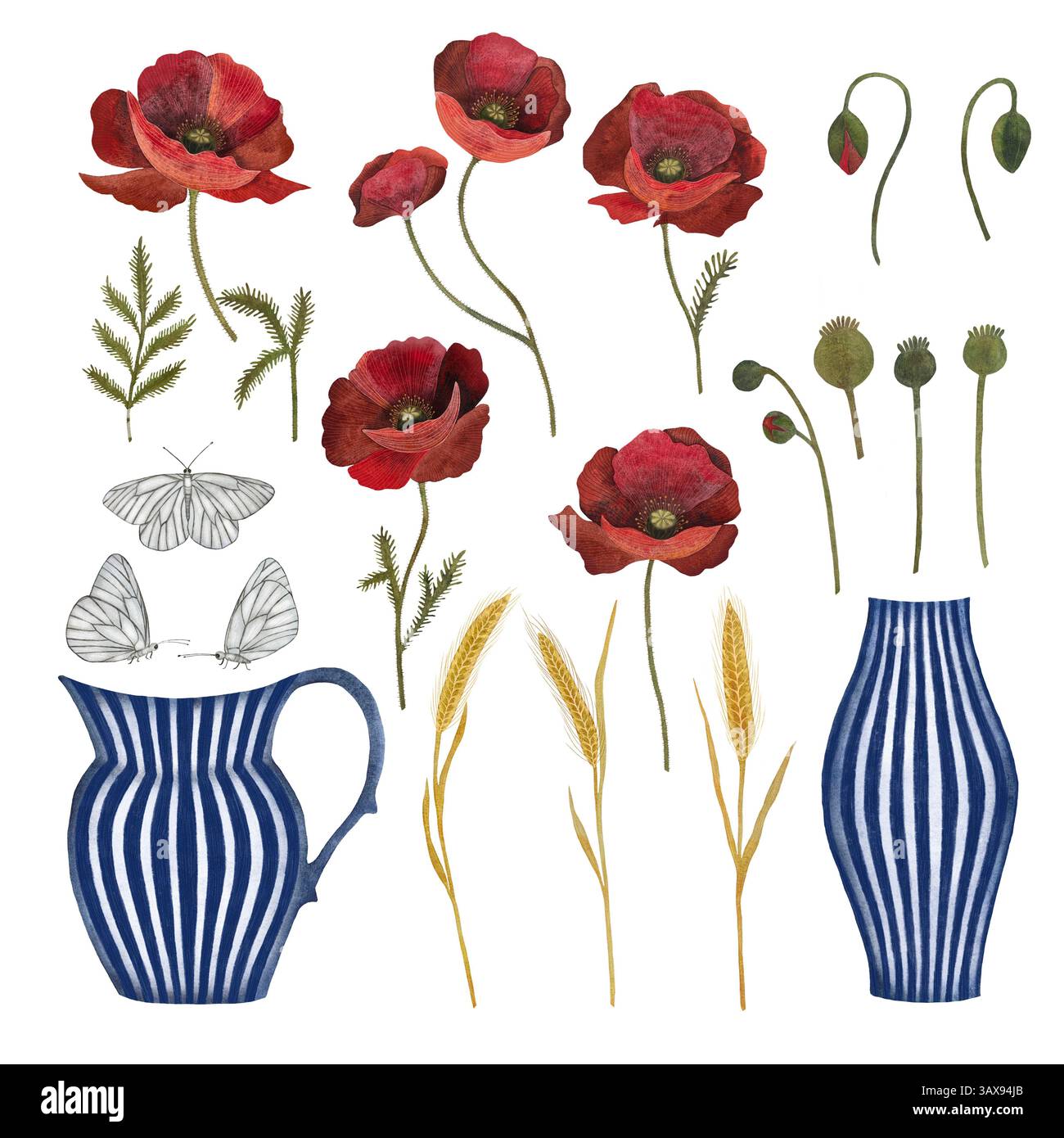 Red poppy floral botanical flower in blue and white ceramic vases with ...