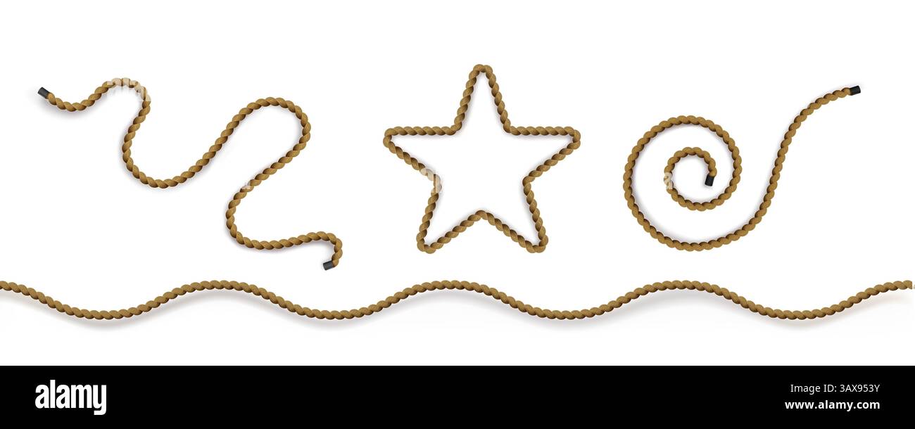 Rope string tie, brown wavy lines shapes on white background. Twisted ...