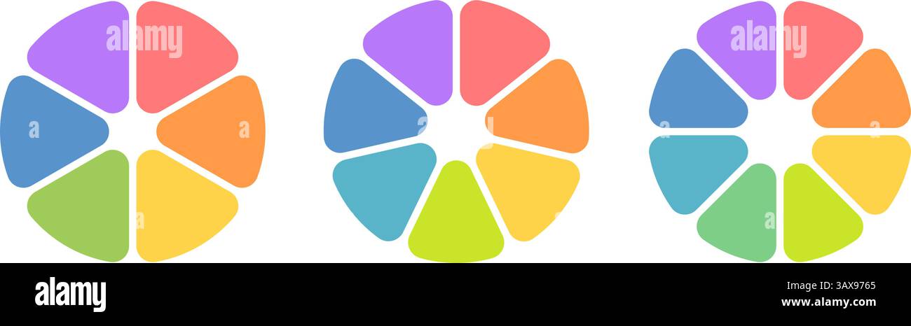 Circle division infographic icon. Pie chart divided six, seven and eight equal parts. 6, 7, 8 ...