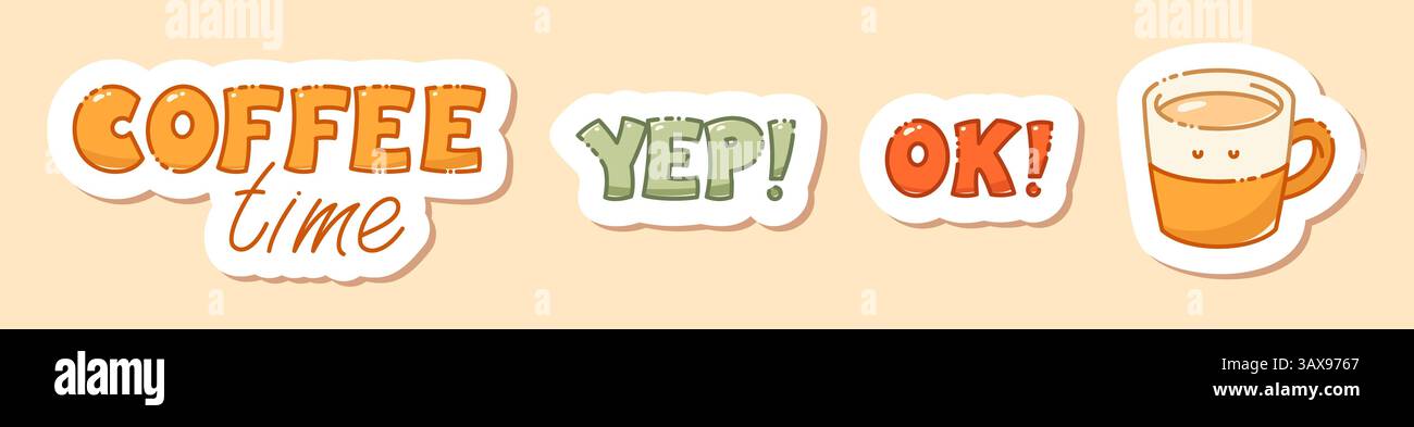 A set of cute coffee-themed stickers in pastel colors including a cup ...