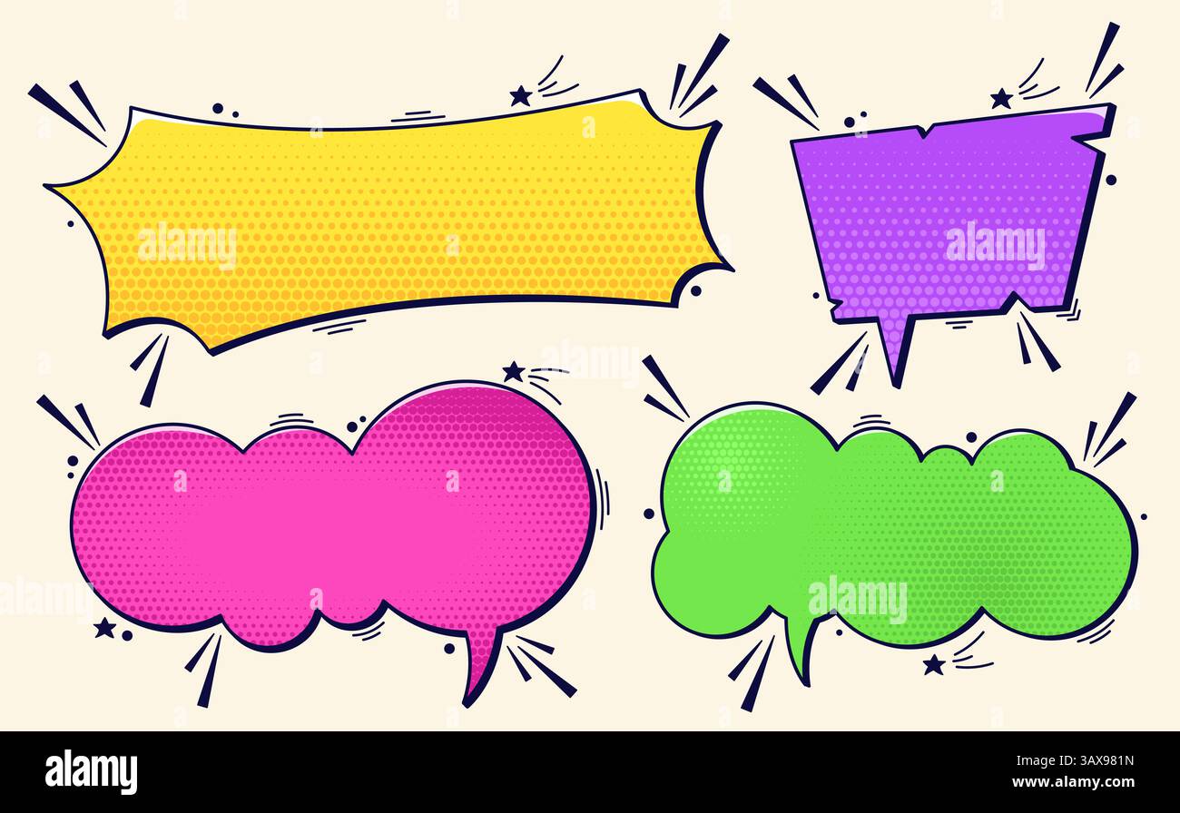 Set of four colorful speech bubbles with dark cute details and space ...