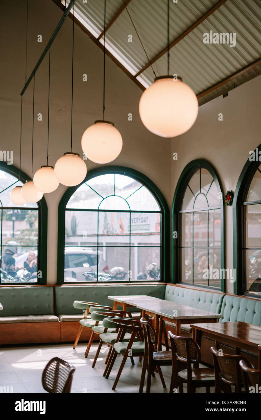 Cafe Interior with vintage design, green window frames, wooden ...