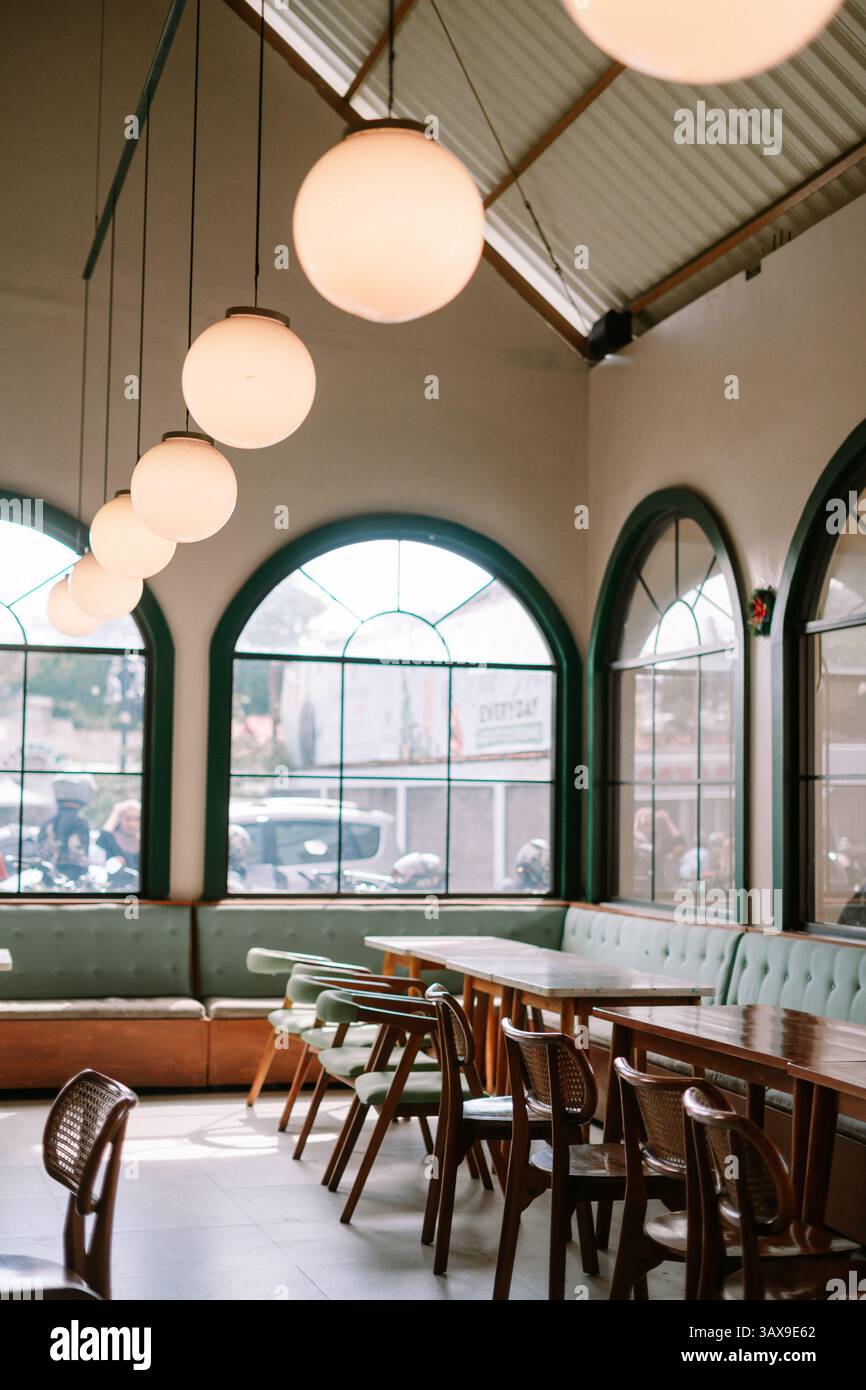 Interior of a cozy cafe featuring vintage design elements, warm ...
