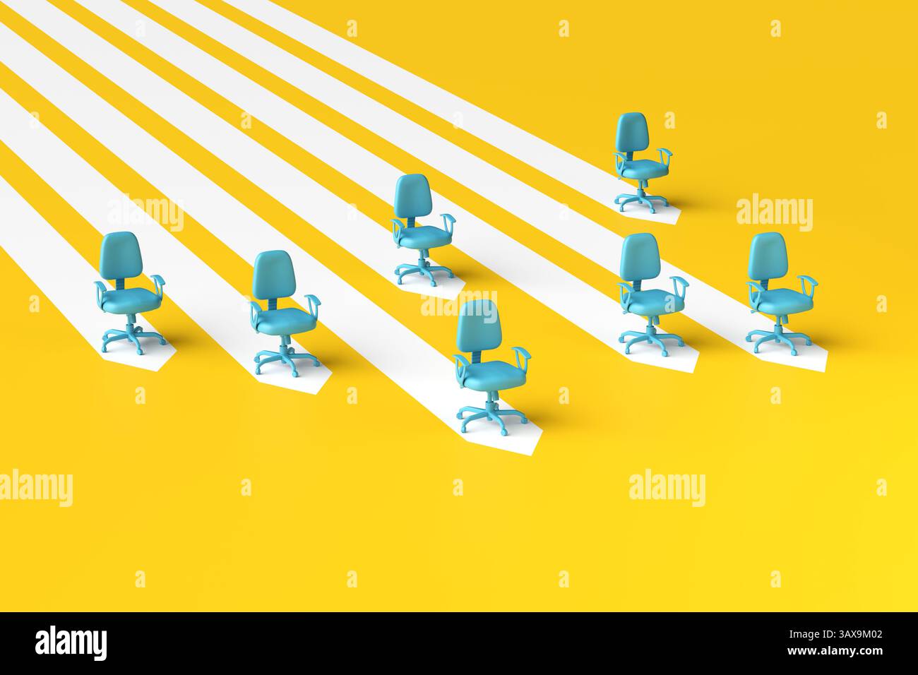 Multiple blue office chairs are following white arrows on a yellow ...