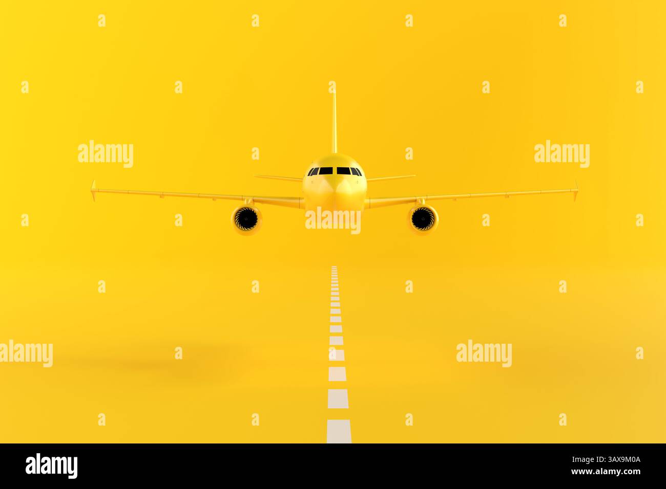 Yellow airplane flying over white dashed line on yellow background, air ...