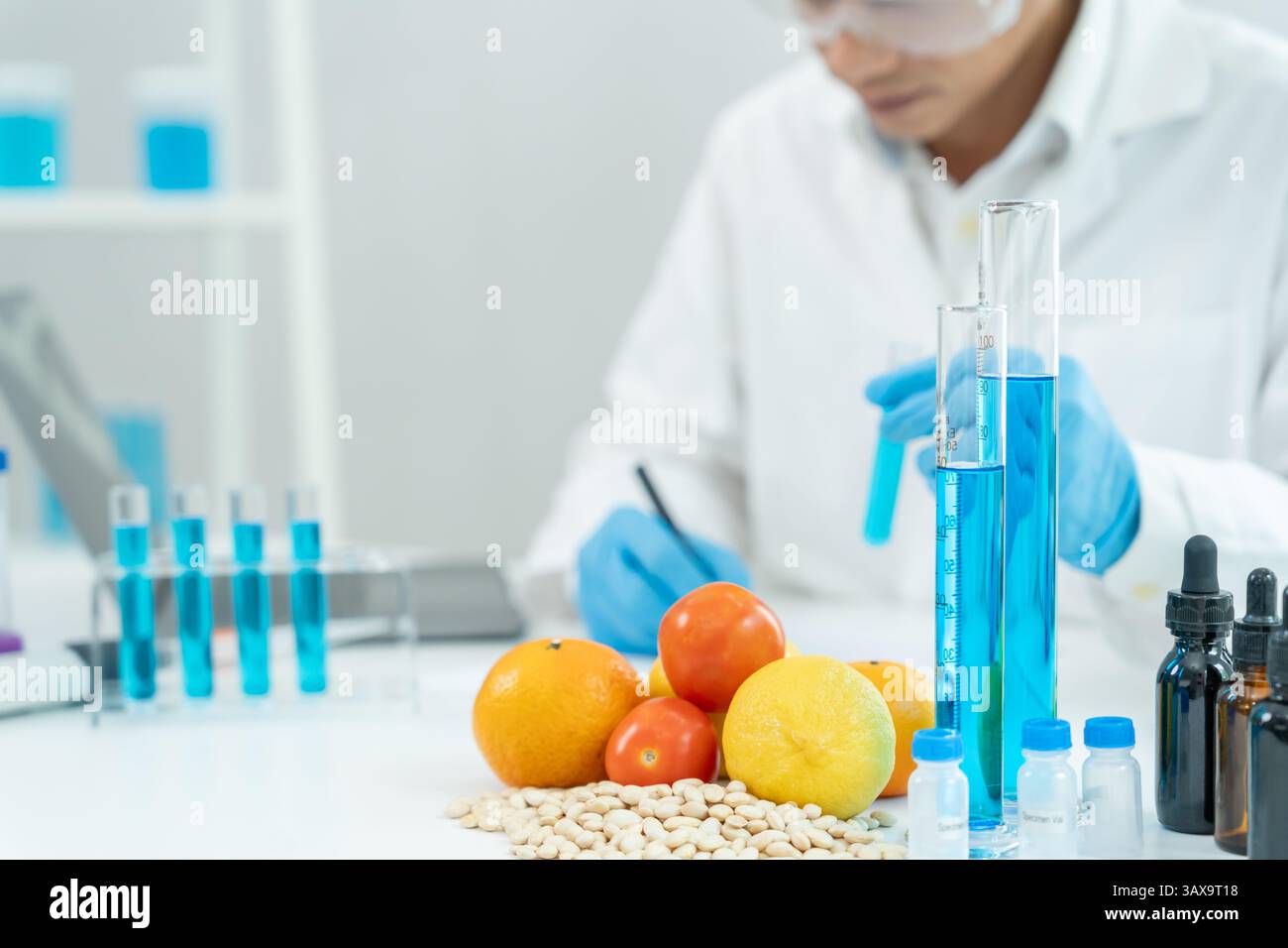 Scientist check chemical food residues in laboratory. Control experts ...