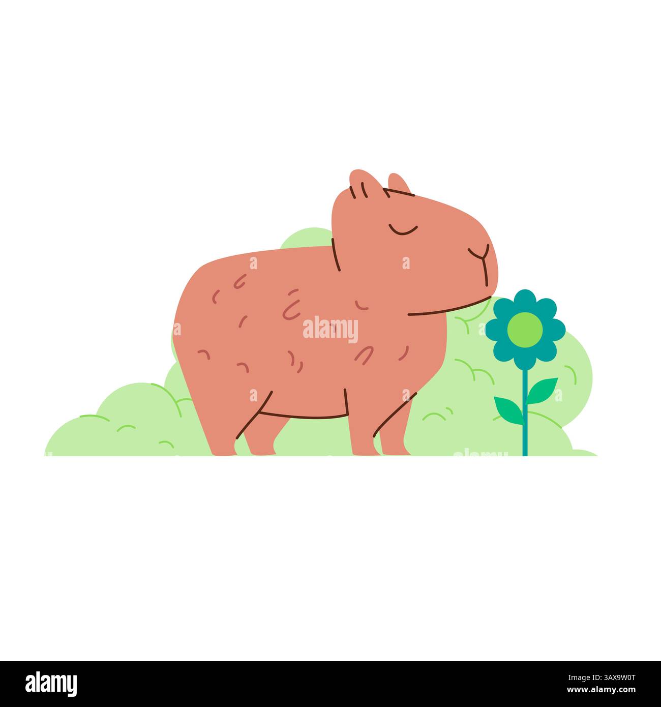 Capybara capibara sniff smell flower furry animal cute vector flat ...