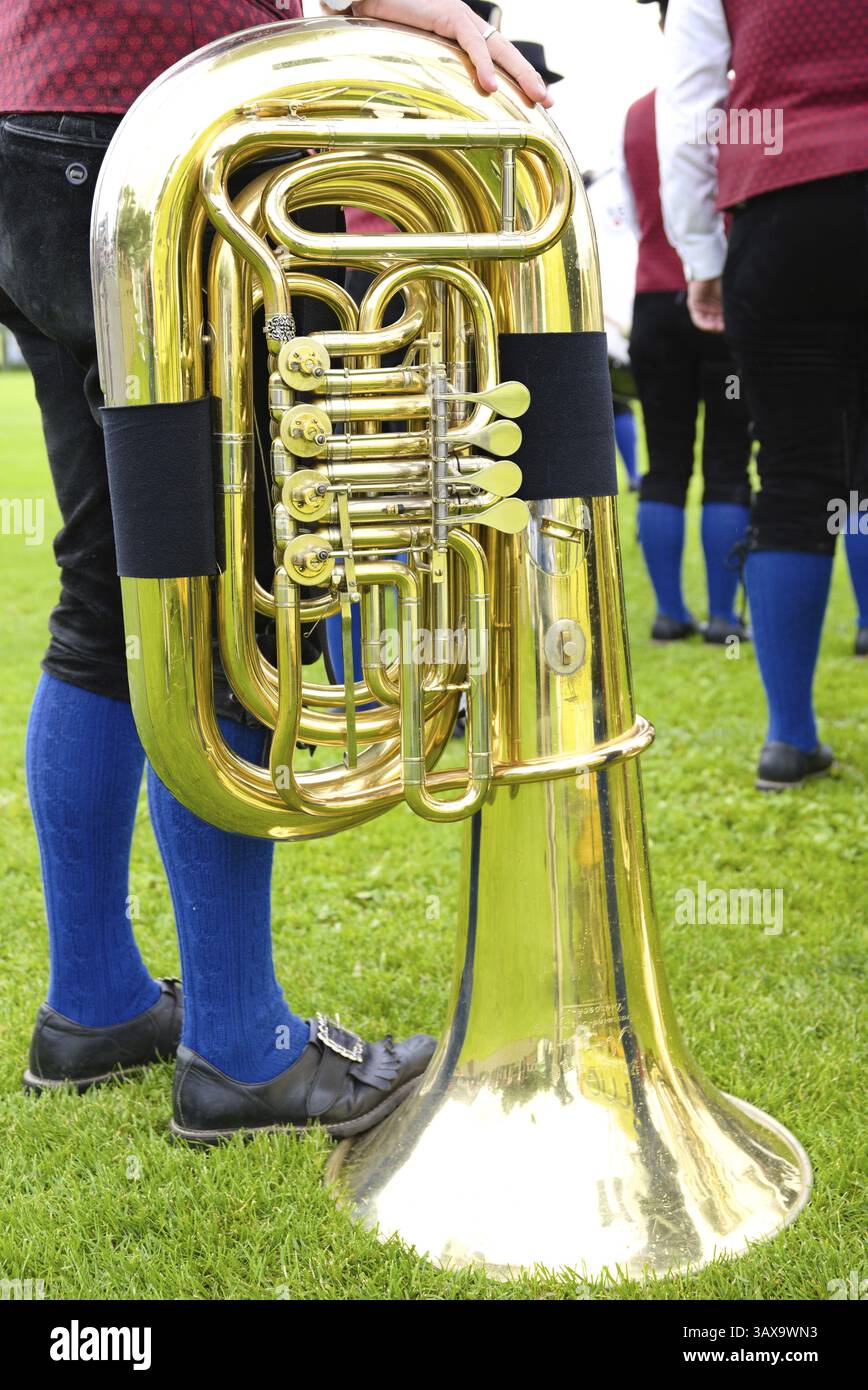 Golden shining musical instrument tuba and musician - brass instrument ...