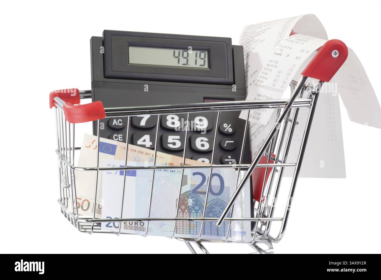 Euro notes, receipts and desk calculator in a shopping trolley model on ...