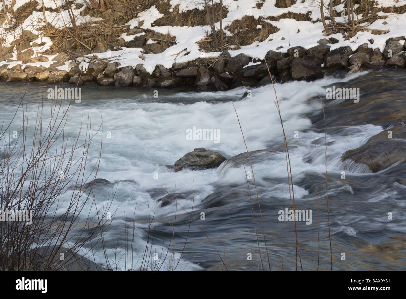 Soft flowing water in a stream in winter Stock Photo - Alamy