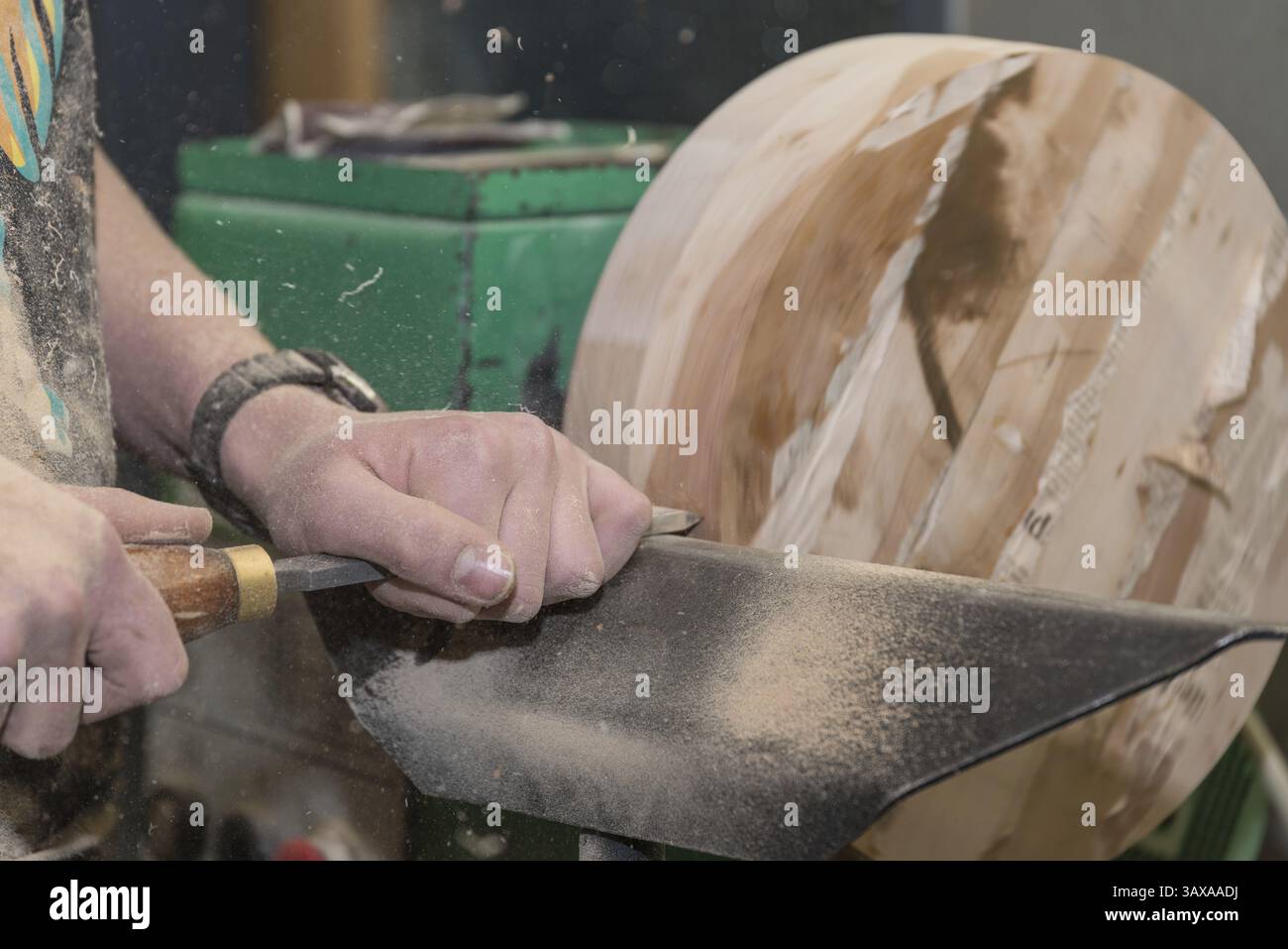 Carpenter working with chisels on a lathe - close-up of carpenter Stock ...