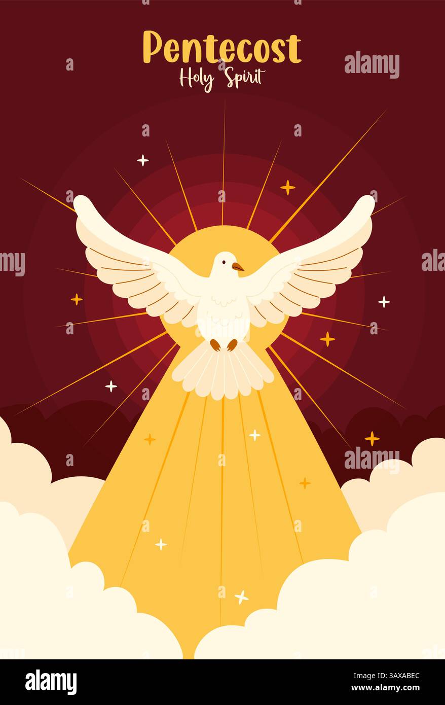 Pentecost Sunday. Holy Spirit. White Dove with golden rays In clouds ...