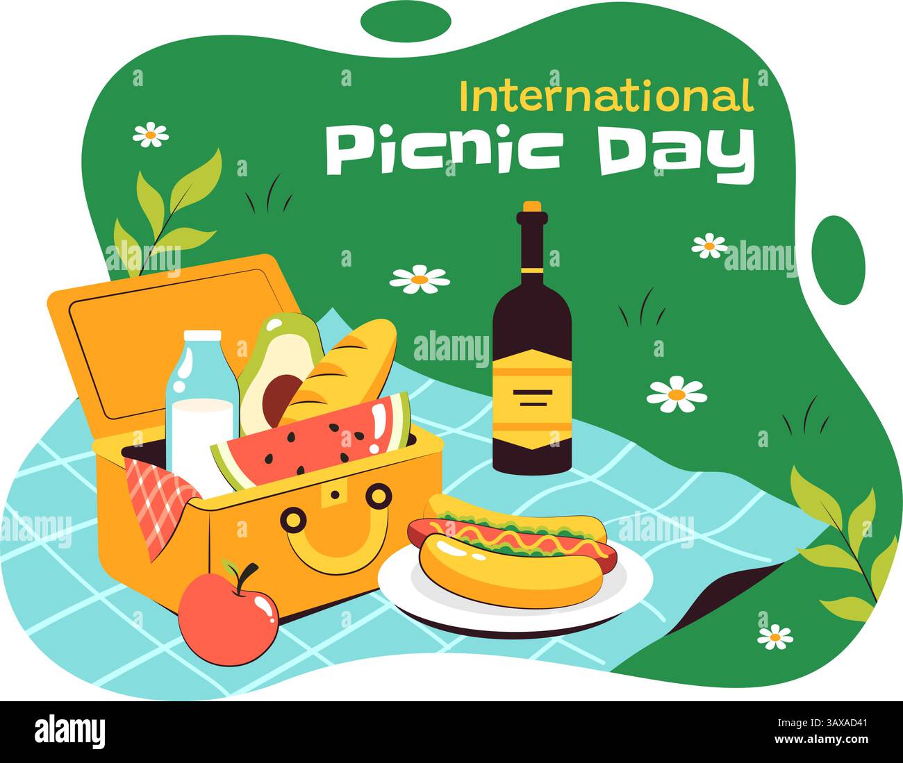 International Picnic Day Vector Illustration Featuring a Family with Table and Food Basket ...