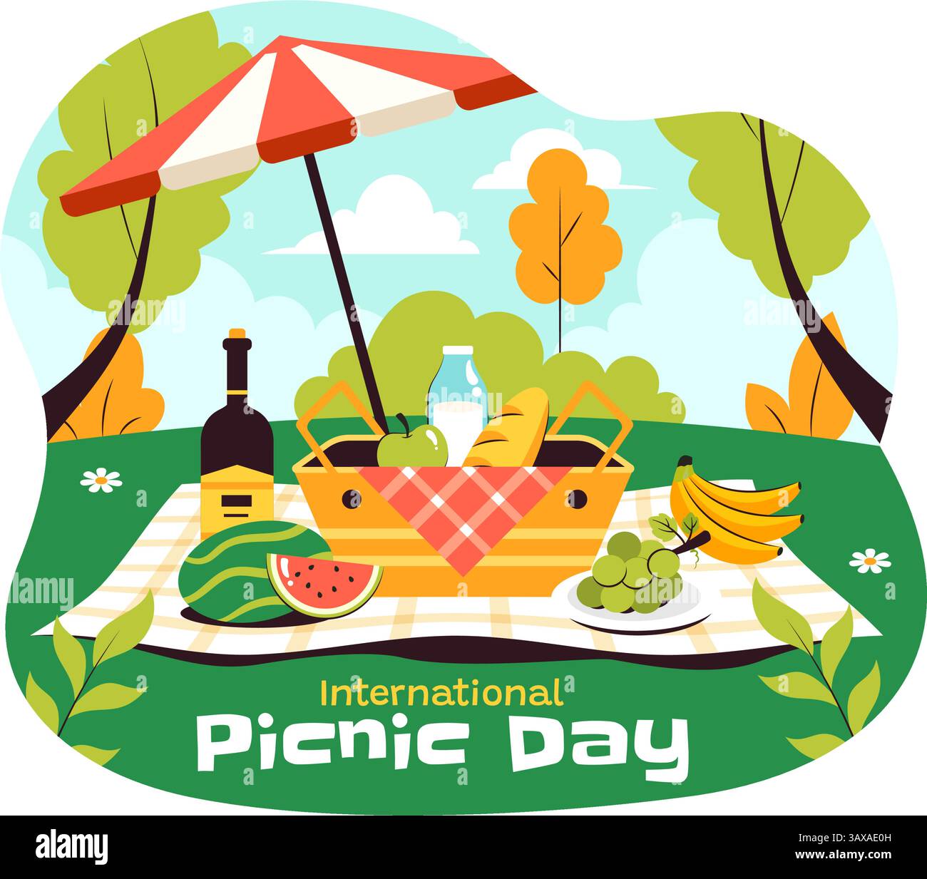 International Picnic Day Vector Illustration Featuring a Family with Table and Food Basket ...
