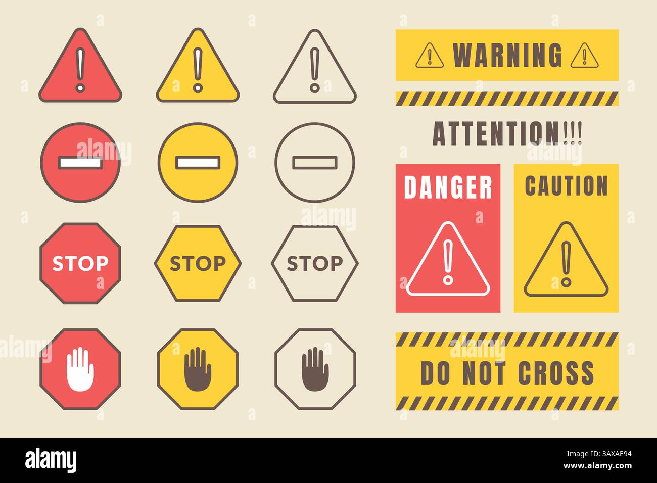 A set of various warning and caution signs in different shapes and ...