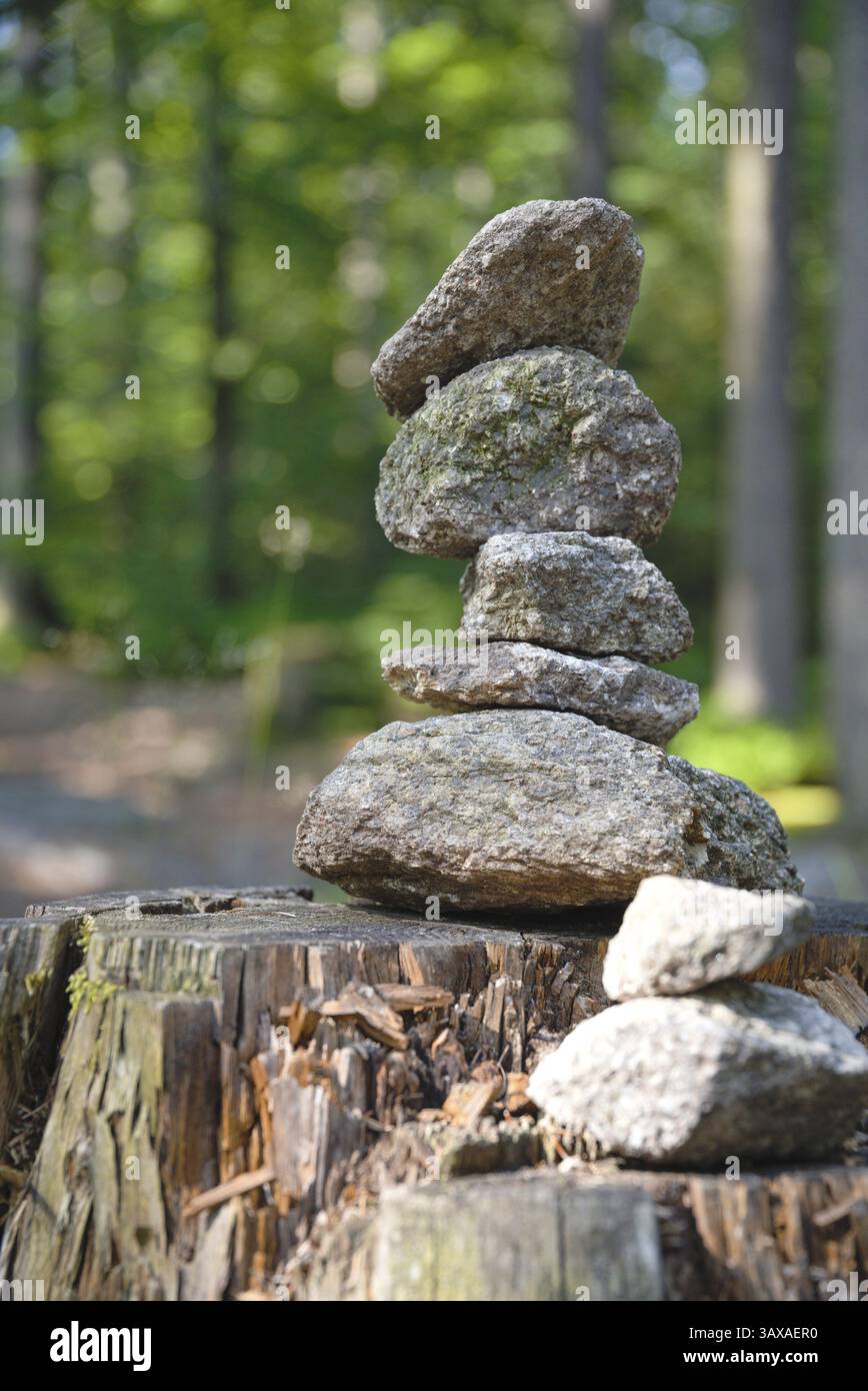 Stone tower on a tree stump on the hiking trail - Towers in balance ...