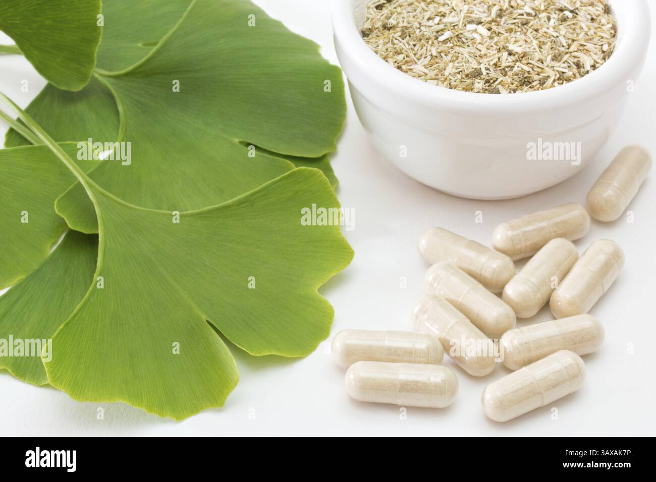 Fresh ginkgo leaves with dried herb and capsules on white background ...