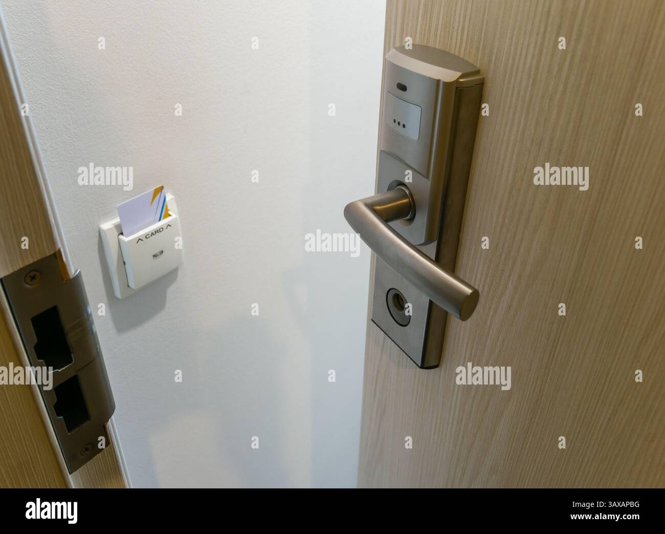 Ajar door with electric lock with key card in hotel room Stock Photo ...