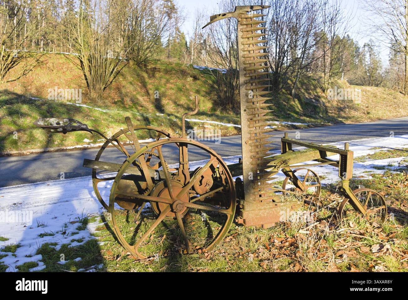 Antique mower with side bar - mechanical hay mower for horse and cart ...