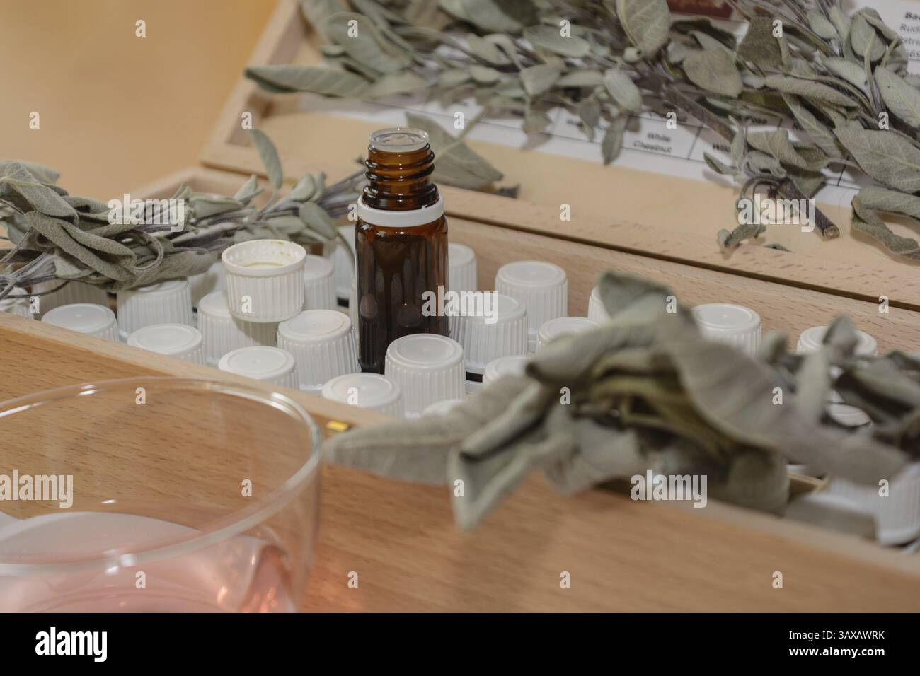 Brown glass vial and other vials in a wooden box, with sage behind it ...
