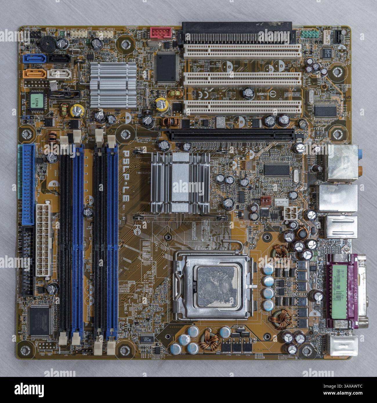 Computer part Motherboard shows hardware parts Processor, slots ...