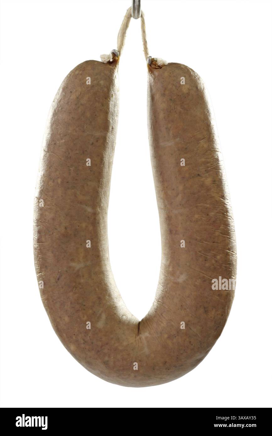 Homemade liver sausage on a hook - cropped on a white background Stock ...