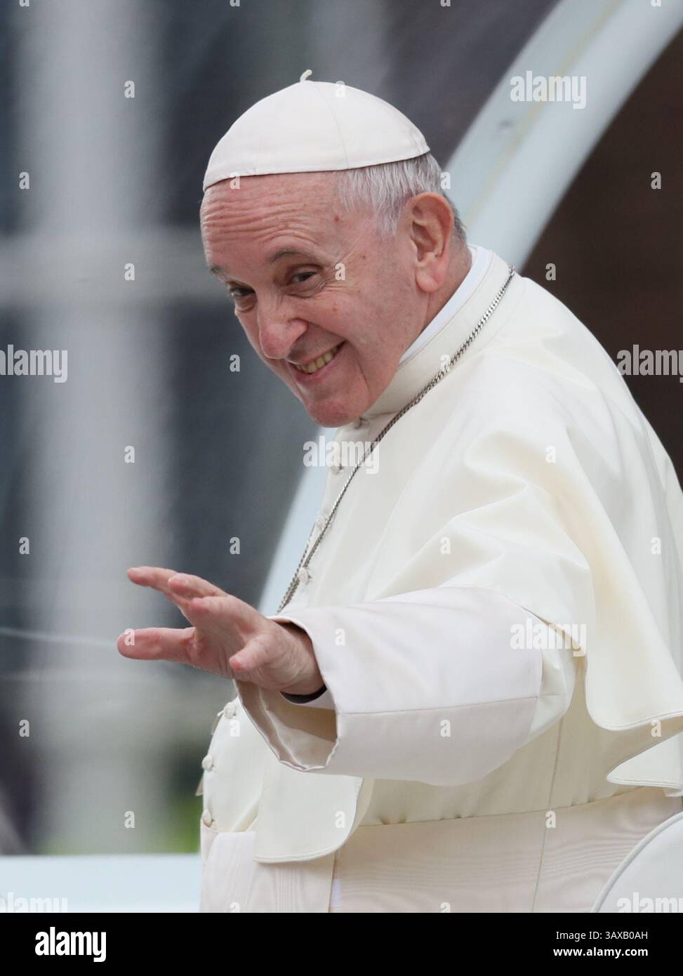 File photo dated 25/08/18 of Pope Francis waves to the waiting crowds ...
