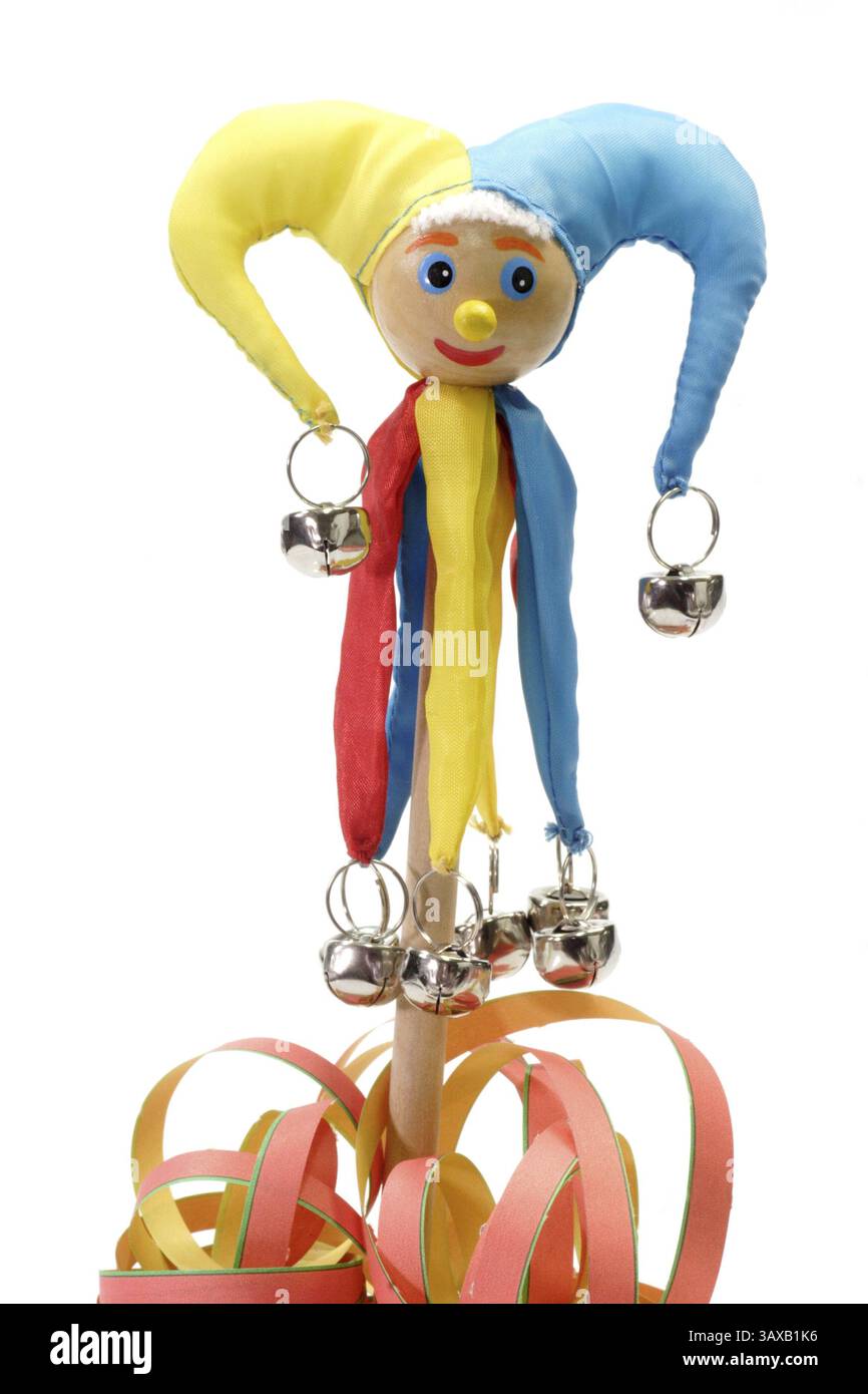 Jester puppet on a wooden handle - clipping in front of a white ...