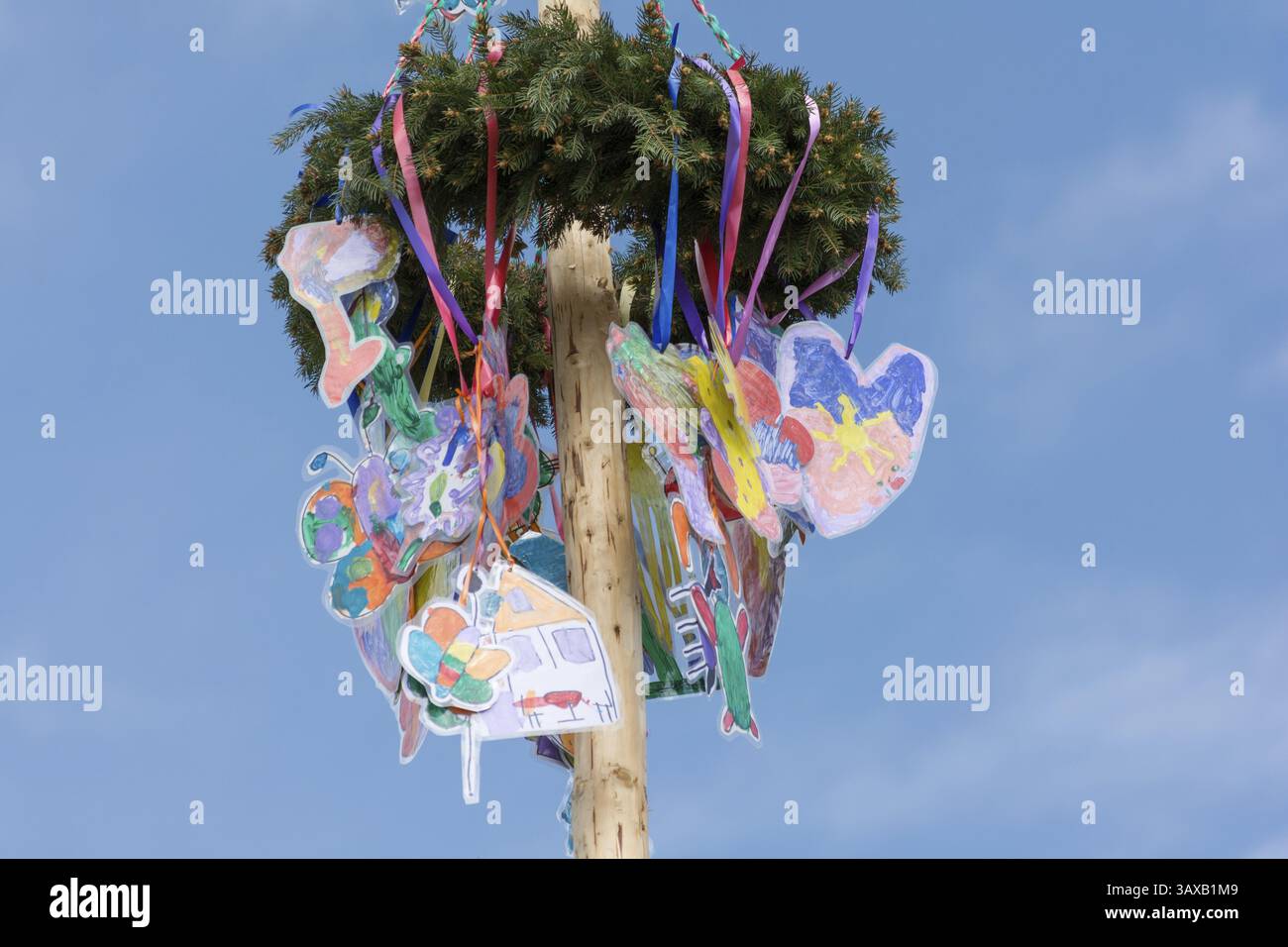 Maypole decorated with children's drawings - close-up, Austria, Europe ...