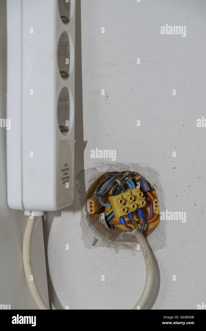Botched electrical installation socket and risk of electric shock Stock ...