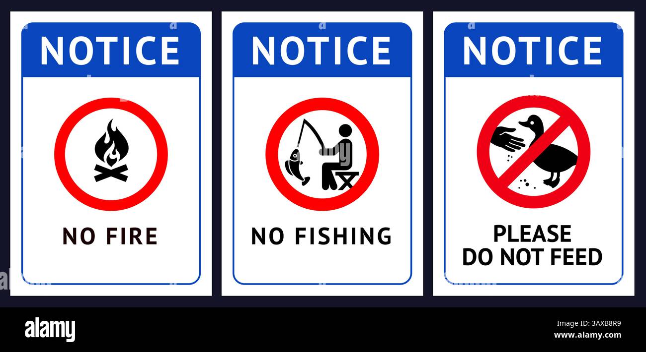 Prohibited label No fire, No fishing, Do not feed birds, forbidding ...