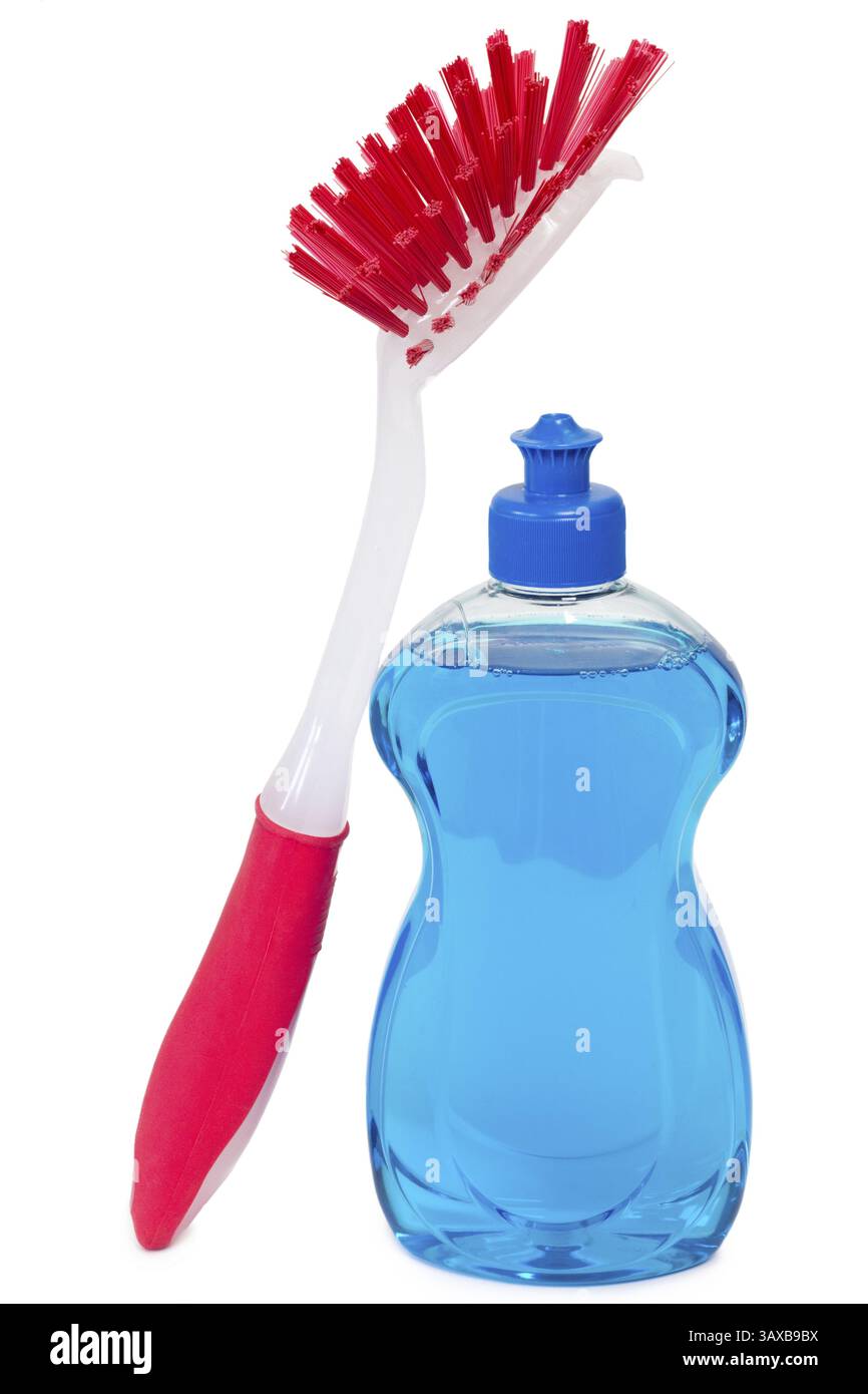 Blue dishwashing detergent with red brush over white background Blue ...