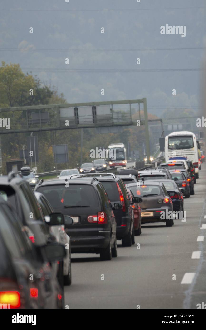 Traffic queue at border crossing leads to traffic jam, Austria, Europe ...