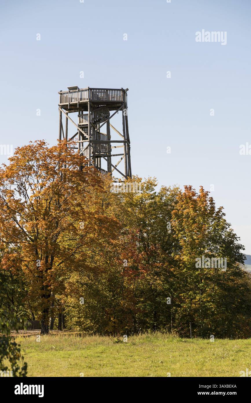 Wooden observation tower provides a panoramic view over a large area ...