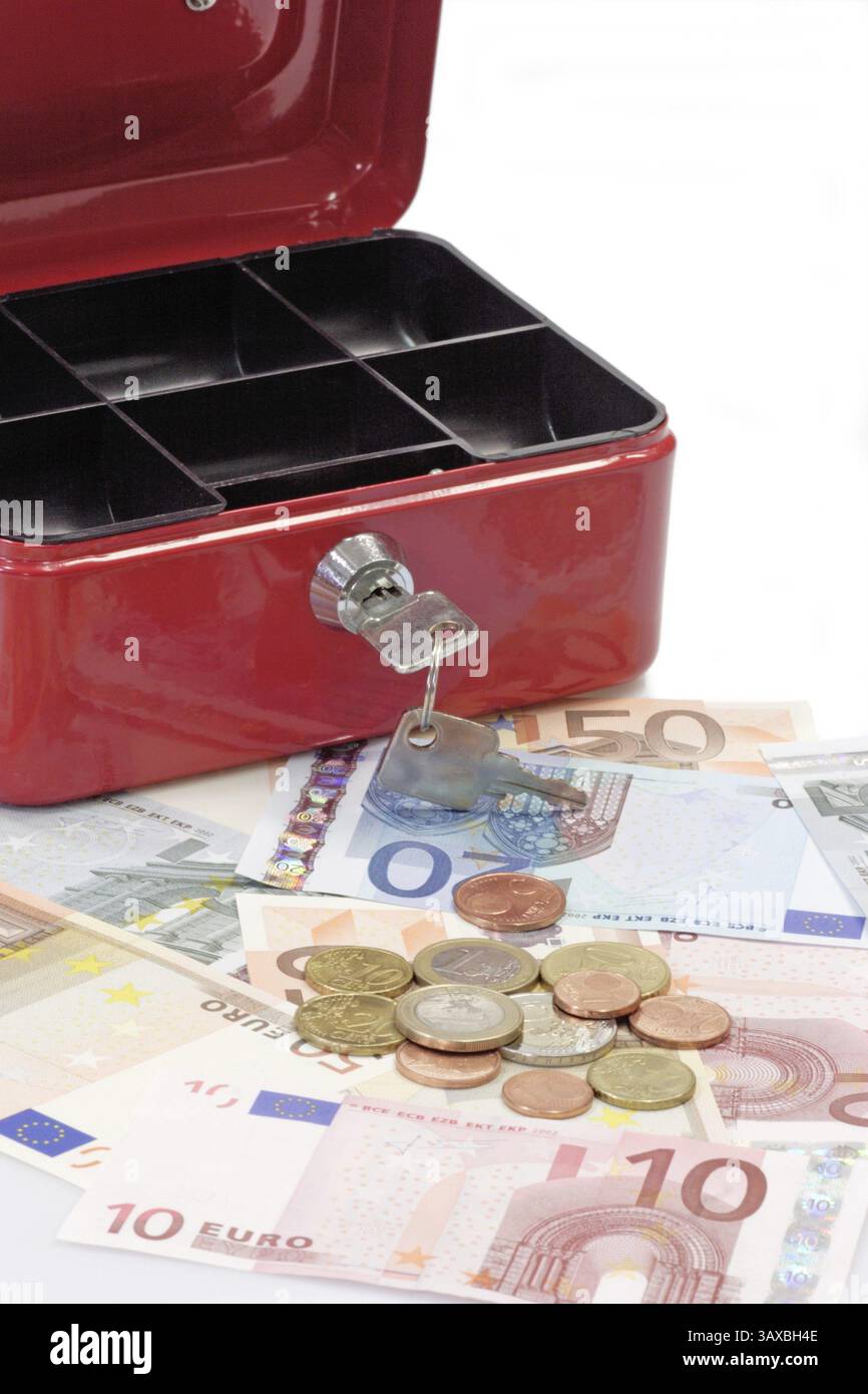 Opened red cash box with euro notes and coins Stock Photo - Alamy