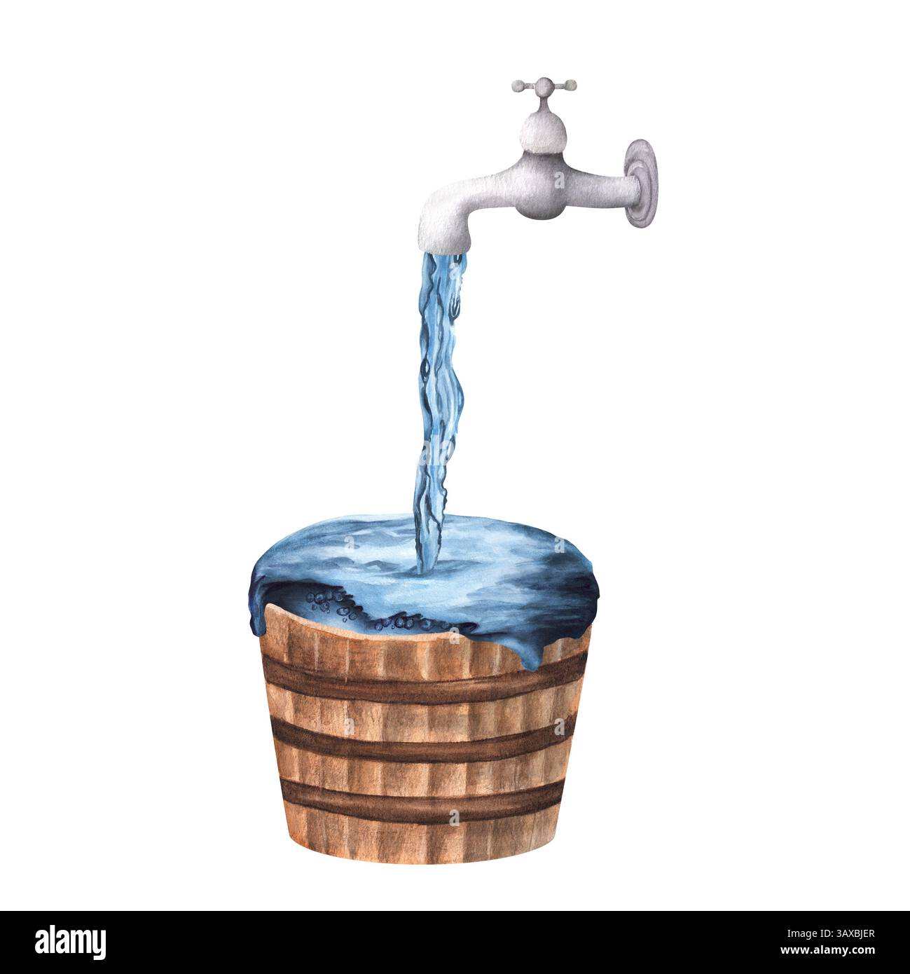 A faucet with flowing water and a wooden tub full of water. Gardening ...