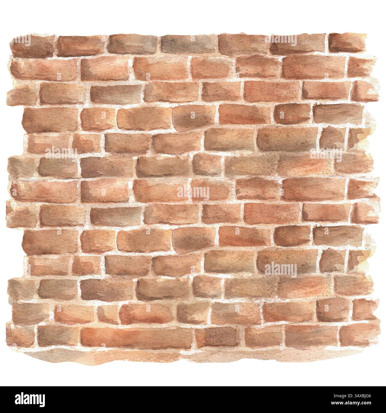 Natural watercolor brick wall with textured bricks. Brickwork. Red brown stone wall. Old garden ...