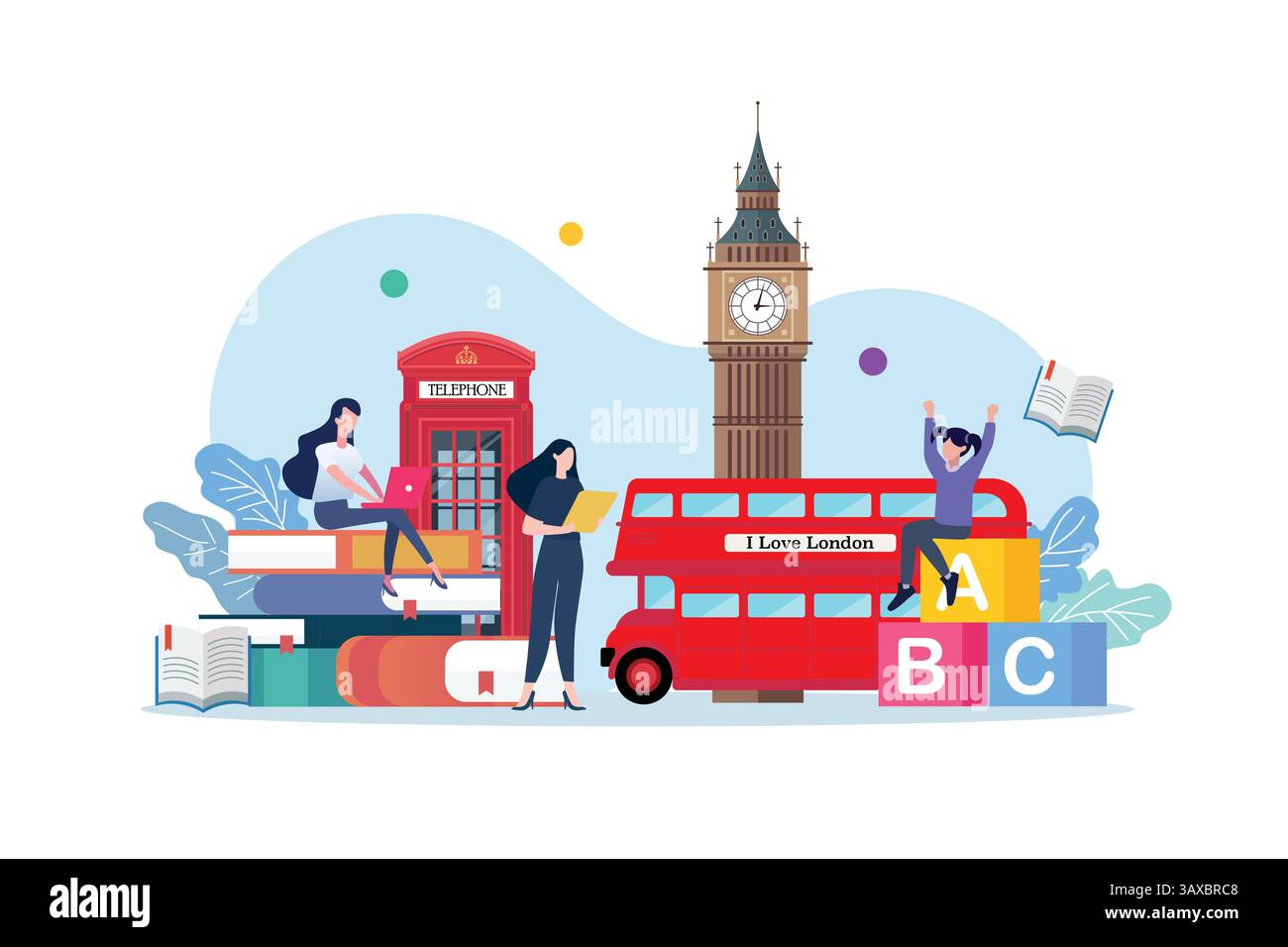 English language class with miniature people. Education vector ...