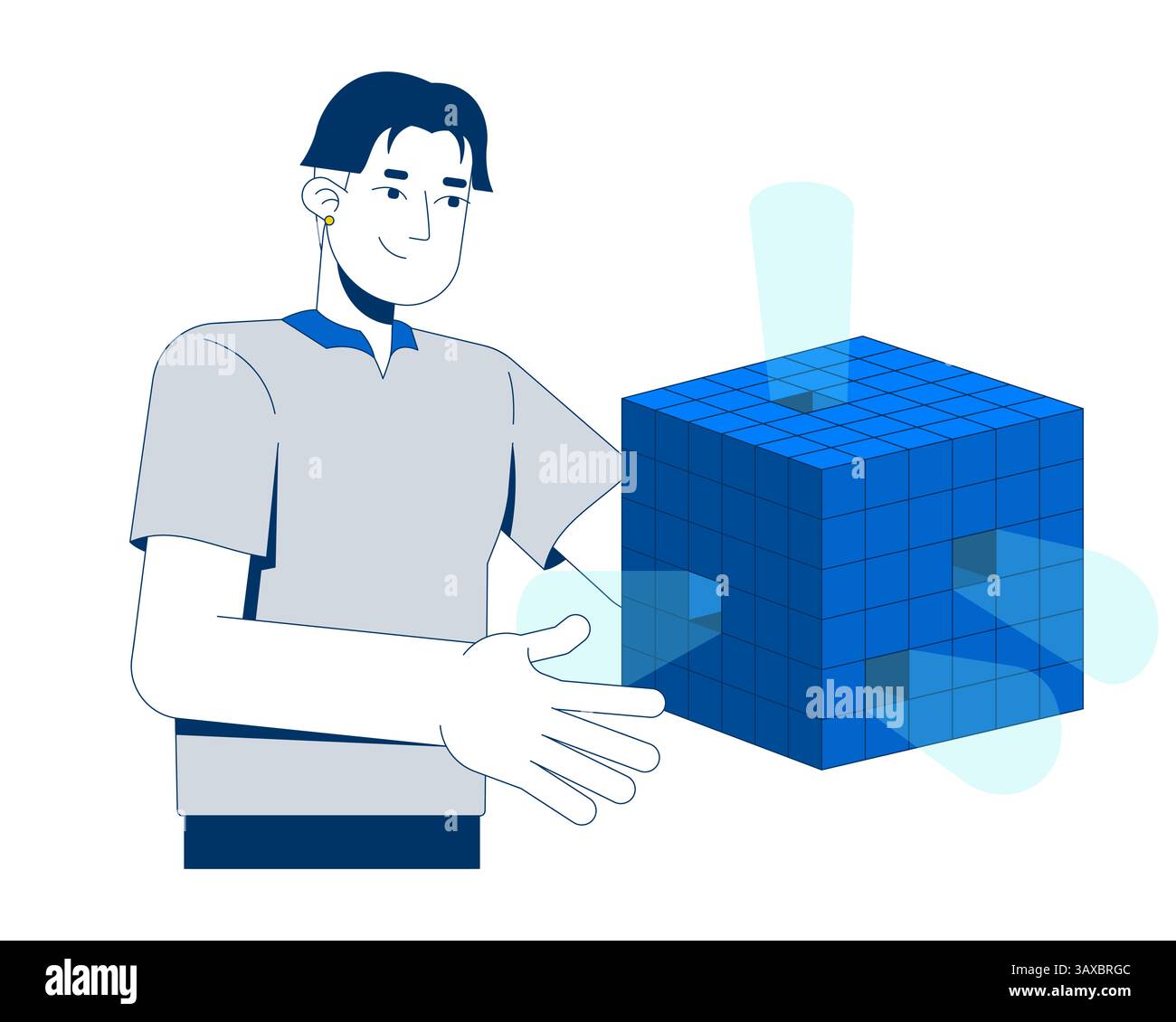 Asian man presenting floating digital data cube 2D cartoon character ...